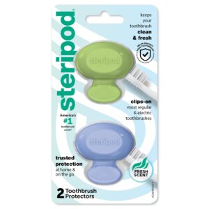 steripod clip-on toothbrush protector, green and blue, 2 count