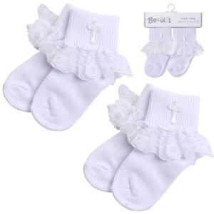 booulfi baby girls socks, 2 pairs cotton white newborn baptism christening socks with lace dedication first communion gifts for toddler infant