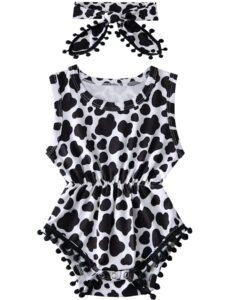 ahegao infant girls cow print rompers for toddlers cute black and white dots bodysuits crewneck buttons snap design jumpsuits with tassel kids boy casual sleeveless outfits lovely clothes, 3-6 months