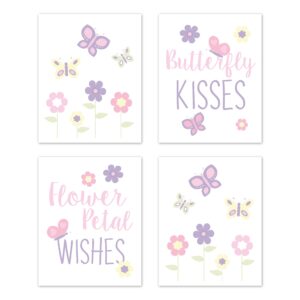 sweet jojo designs butterfly wall art prints room decor for baby, nursery, and kids - set of 4 - pink and purple floral flower garden kisses and wishes