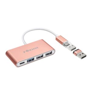 usb c hub with usb adapter, foxmm 4-in-1 usb c to multiport adapter with type-c charging, type-c hub compatible for macbook pro, xps and other usb-c laptops(rose gold)