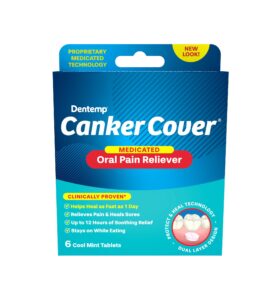 dentemp canker cover - canker sore medicine pain reliever (6 counts) - canker sore treatment to relieve canker pain, mouth sores & mouth irritation - fast acting canker sore relief tablets for adults