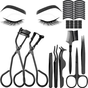 mudder 48 pcs eyelash curler makeup tools set, include mini eyelash curler kit, eyebrow extension tweezers, brush comb and scissors, silicone refill pads, black