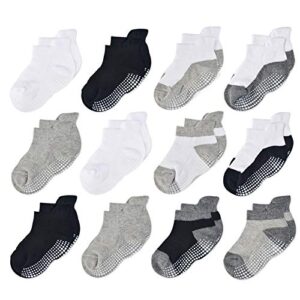 epeius baby socks with grips cotton breathable mesh infant girls/boys non slip/skid socks for 6-12 months,12 pairs pack,mixed color,black and white and grey