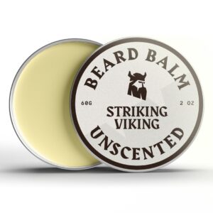 striking viking beard balm for men - unscented leave-in conditioner & styling balm with naturally derived beard butter, argan & jojoba oils, 2 ounce (pack of 1)