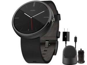 motorola moto 360 timepiece smart watch - 1st gen - black leather for android smart phone - with wall/car charger dock (renewed)