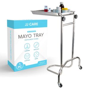 jj care mayo stand [17lbs weight capacity] - stainless steel mayo tray, adjustable height medical mayo stand with 2 nylon caster wheels, surgical tray, tattoo tray, mayo stands