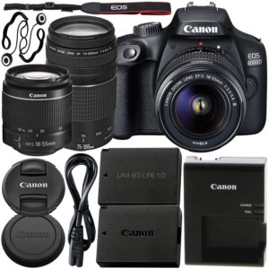 canon eos 4000d dslr camera with ef-s 18-55mm iii lens & ef 75-300mm iii lens basic bundle - includes: extended life lpe10 replacement battery (1600mah) & 2x universal lens cap keeper