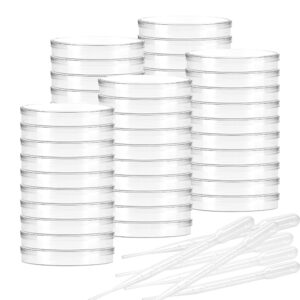 bekith petri dishes with lids, 50 pack 90mm dia x 15mm deep plastic sterile container, 50 pack plastic transfer pipettes(3ml)