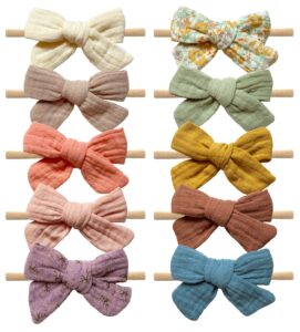 cherssy baby muslin hair bows and headbands, 10pcs soft nylon hairbands for newborn, infants, toddlers