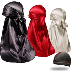 forcewave 3 pieces silky durags and 1 wave cap pack for men waves, moisture-tech fabric satin du-rag