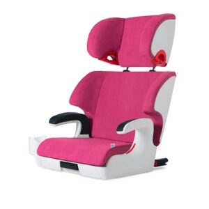 clek oobr high back booster seat with adjustable headrest, reclining design, latch system, and retardant-free fabric, snowberry