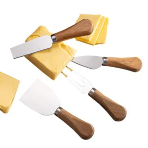 4 piece set cheese knife - stainless steel cheese cutter board and slicer, fork shaver and spreader with wood handle, sharp butter knife and spatula for cake cutlery