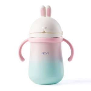 ncvi weighted straw sippy cup spill proof stainless steel, kids toddler thermal cup with removable handle and replacement head straw perfect for 2 years old, 10oz (pink bunny)