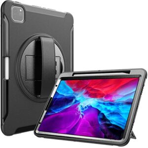 procase rugged case for ipad pro 12.9 2020 2018 [support apple pencil 2 charging], heavy duty kickstand protective cover for ipad pro 12.9" 4th generation 2020 / 3rd gen 2019 -black