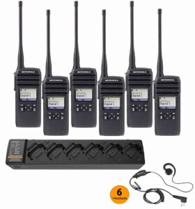 6 dtr600 digital 900 mhz. license free digital two-way business radios with display, 6 hkln4604 swivel earpieces & 1 pmpn4465 6 radio charger by motorola solutions - intended for business use