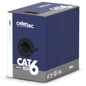 celertec cat6 ethernet cable, 1000ft, 23awg solid bare copper, unshielded twisted pairs(utp), 550mhz, etl listed &cmr riser rated, indoor, bulk ethernet cable, pull box -black