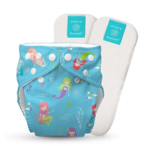 charlie banana baby washable and reusable cloth diapers, 1 soft pocket diapers and 2 absorbent inserts, one-size, mermaid tiffany