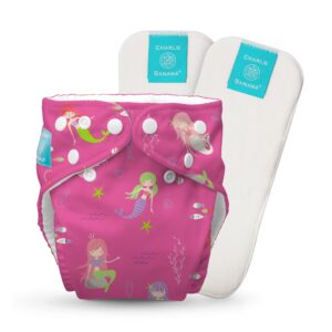 fleece reusable and washable cloth diaper system, 1 diaper and 2 inserts, mermaid zoe, one size