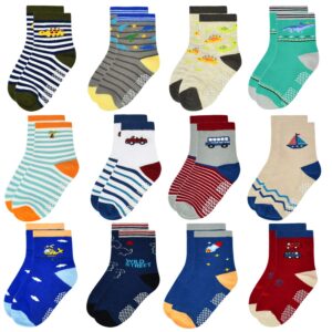 tphon 12 pairs toddler non skid socks with grips anti slip bottom, cotton non slip ankle crew socks for boys, girls, kids(3-5years)