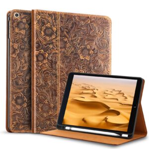 gexmil leather case for ipad 10.2 inch 9th/8th/7th gen. 2021/2020/2019 with pencil holder, genuine leather cover auto sleep/wake,smart folio shockproof protective,anti-fingerprint,flower brown