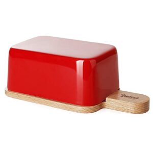 sweese 323.104 butter dish with lid and handle, porcelain butter keeper and extended wooden lid, red