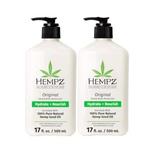 hempz original, natural hemp seed oil body moisturizer with shea butter & ginseng, pure herbal skin lotion for dryness, nourishing vegan cream, floral and banana, 17 fl oz, 2 pack