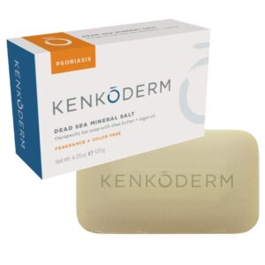 kenkoderm psoriasis mineral salt soap with argan oil & shea butter, 4.25 oz, 1 bar, dermatologist developed skin care for soothing & moisturizing psoriasis, eczema & rosacea, fragrance & color free