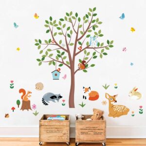 decalmile forest animals tree wall decals deer squirrel owl wall stickers baby nursery kids bedroom playroom wall decor(tree h: 31"))