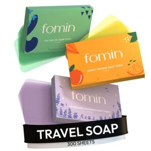 fomin - antibacterial paper soap sheets for hand washing - (300 sheets) orange, tea tree, lavender portable travel soap sheets, dissolvable camping mini soap, portable hand soap sheets