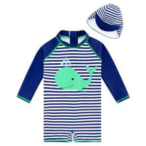 uideazone infant boy blue striped swimsuit 3mo long sleeve one piece rash guard bathing suit with hat upf 50+ sun protection swimwear 3-6 months