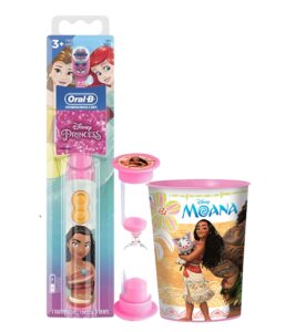 moana 3pc bright smile oral hygiene bundle! turbo powered spin toothbrush, brushing timer & mouthwash rinse cup! plus dental gift bag & tooth saver necklace!