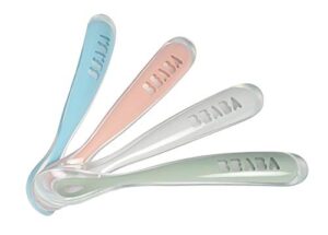 beaba first stage baby feeding spoon set, the original soft tip silicone spoons for babies, gum friendly bpa lead phthalate and plastic free, great gift set (4 pack), rose