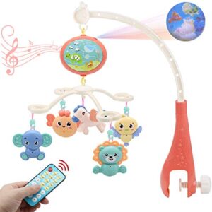 marumine baby musical crib mobile with night light, timer, hanging rattles, nursery ceiling star projector, take alone music box with remote, relaxing soother toys for newborn babies boys girls