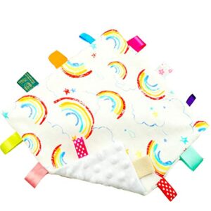 g-tree white rainbow baby tag blanket, soft taggy blanket for boys and girls, cute tag blabket