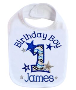 fantasy kids designs first birthday boy bib smash bib for baby boy personalized with custom name (white bib/royal blue)