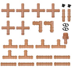 apt 1/2 inch drip irrigation fittings. 27 count full irrigation system connectors. set of faucet adapter, elbow, transfer, tee, end plug, cross and gourmet. also fits 17 mm hose.