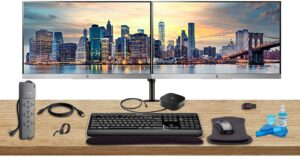 hp home office bundle with 2 x e223 22" monitors (hdmi, displayport) usb-c dock - dual monitor stand - wireless keyboard and mouse, gel wrist pad - surge protector - 32gb usb drive and more