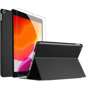 procase smart case for ipad 10.2 (2021 9th gen/2020 8th gen/ 2019 7th gen) folio case with tempered glass screen protector, slim stand protective case for 10.2" ipad 9/8/7th generation -black