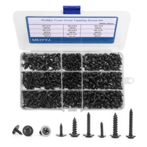 meiyyj 540pcs m2.3 m2.6 m3 phillips truss head tapping screw wafer head with washer, self tapping screw assortment kit, black carbon steel.