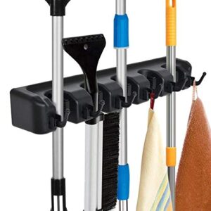 bonyandpo broom and mop holder wall mounted - heavy duty broom holder organizer with 2 hooks and screwdriver - ideal for cleaning supplies storage in broom closet or over the door (black)