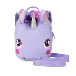 unicorn backpack with leash for girls kids backpack plush unicorn toy bookbag (purple)