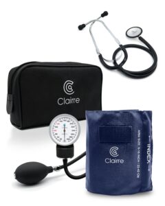 clairre professional sphygmomanometer manual blood pressure cuff and stethoscope kit for nurses/doctors/nursing students, carrying case included, universal cuff size: 9-16 inch (navy blue)