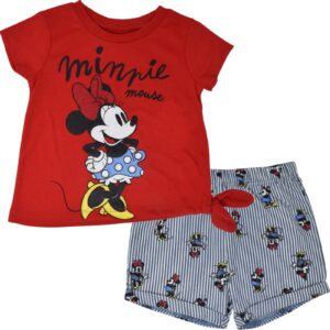 disney minnie mouse infant baby girls graphic t-shirt and shorts outfit set red/light blue 18 months