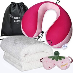 nice com supply kid neck pillow and blanket, car kids pillow with no car seat - kids sleep mask - & travel waterproof backpack - kids travel accessories - birthday gifts for travelers - pink