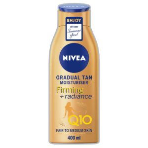 nivea q10 firming plus radiance gradual tan (400 ml), tan activating firming cream with q10, supports a gradual tan, tanning moisturiser for a sun-kissed radiant glow