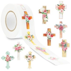 faithful finds 500 piece floral cross stickers, christian cross stickers for scrapbooking, religious stickers roll with 8 floral design, mini catholic cross stickers for crafts and cards, 1 x 1.5 inch