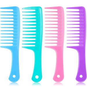 tecunite 4 pieces 9 1/2 inches anti-static large tooth detangle comb, wide tooth hair comb salon shampoo comb for long hair and curly hair (light blue, purple, pink and cyan)