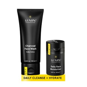 lumin - dynamic duo - skin care kit for men - includes: charcoal face wash daily detox & daily face moisturizer,suitable for all skin types, daily use, two month supply