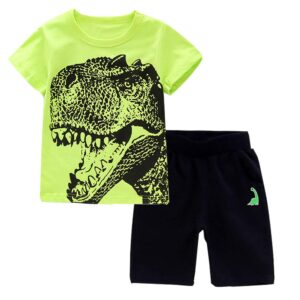 ijnuhb toddler boy clothes cartoon cotton summer short sleeve t-shirt and shorts kids outfit set (green dinosaur 4t